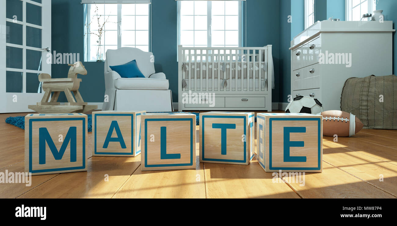 The name malte written with wooden toy cubes in children's room Stock ...
