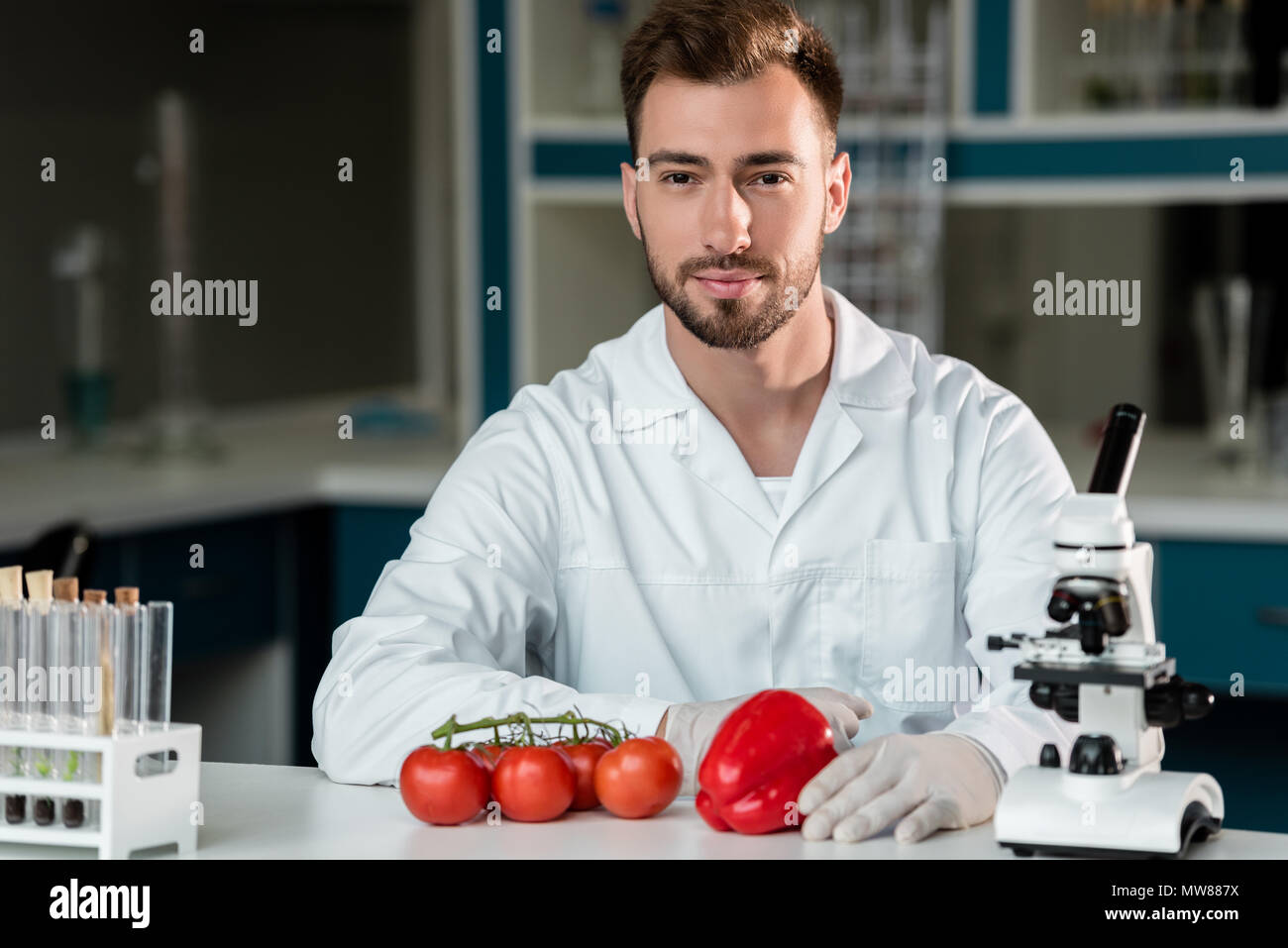 Handsome male scientist working with vegetables and looking at camera ...