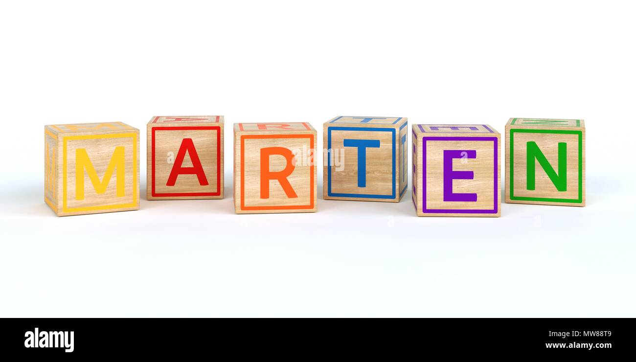 The name marten written with Isolated wooden toy cubes Stock Photo - Alamy