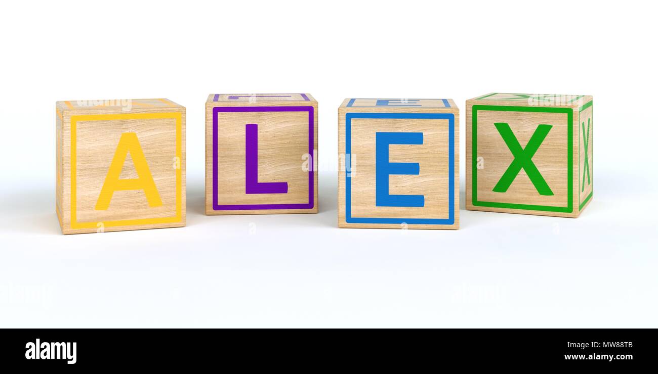 The name alex written with Isolated wooden toy cubes Stock Photo - Alamy