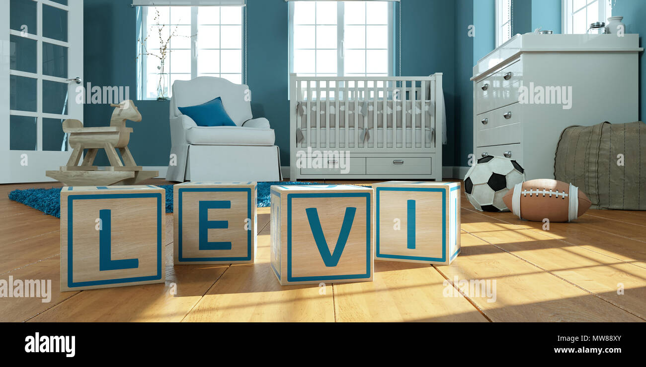 The name levi written with wooden toy cubes in children's room Stock ...