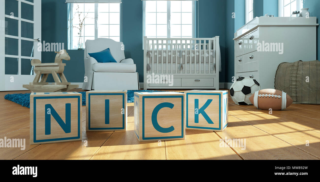 3D Illustration of the name nick written with wooden toy cubes in ...