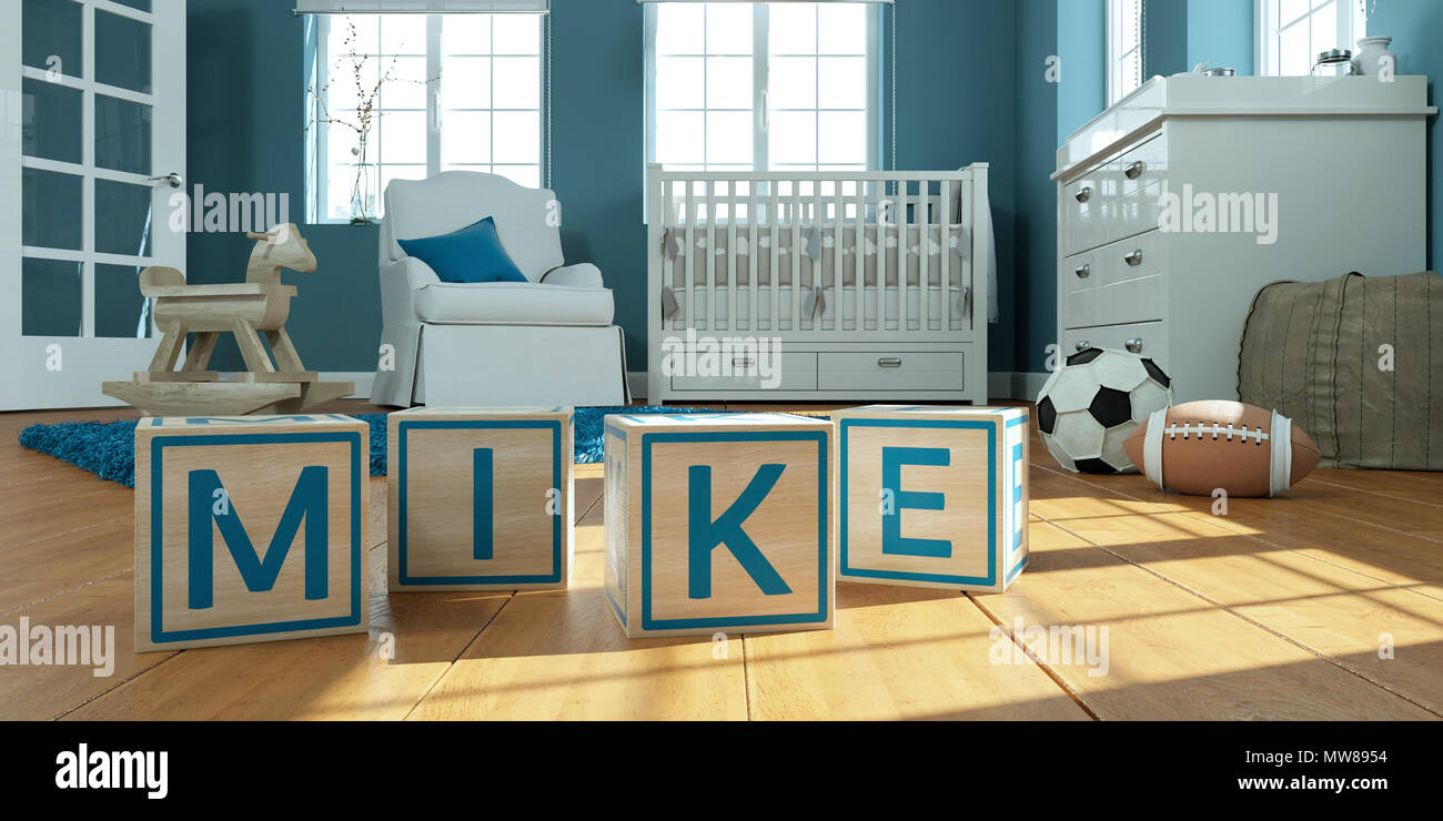 3D Illustration of the name mike written with wooden toy cubes in ...