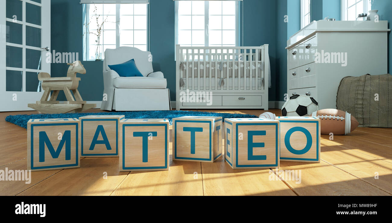 3D Illustration of the name matteo written with wooden toy cubes in ...