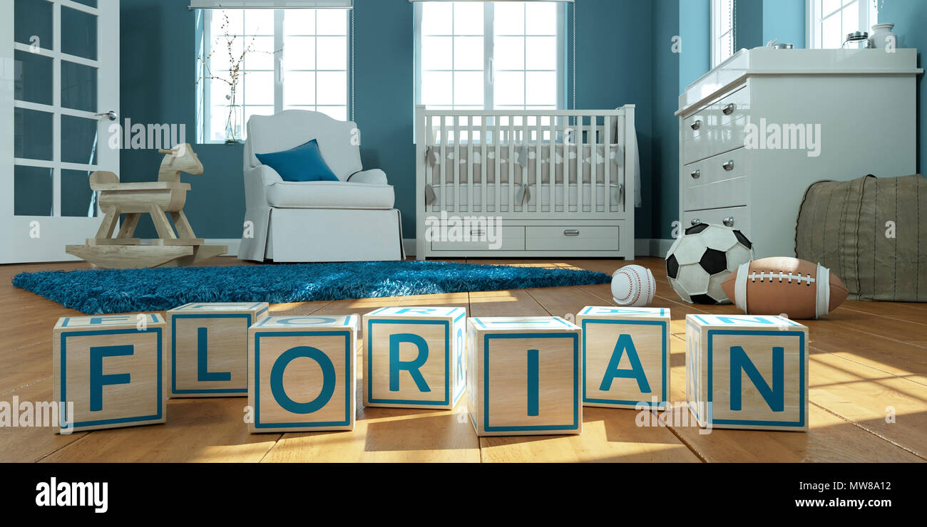 3D Illustration of the name florian written with wooden toy cubes in ...