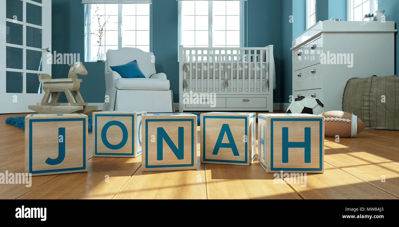 3D Illustration of the name jonah written with wooden toy cubes in ...