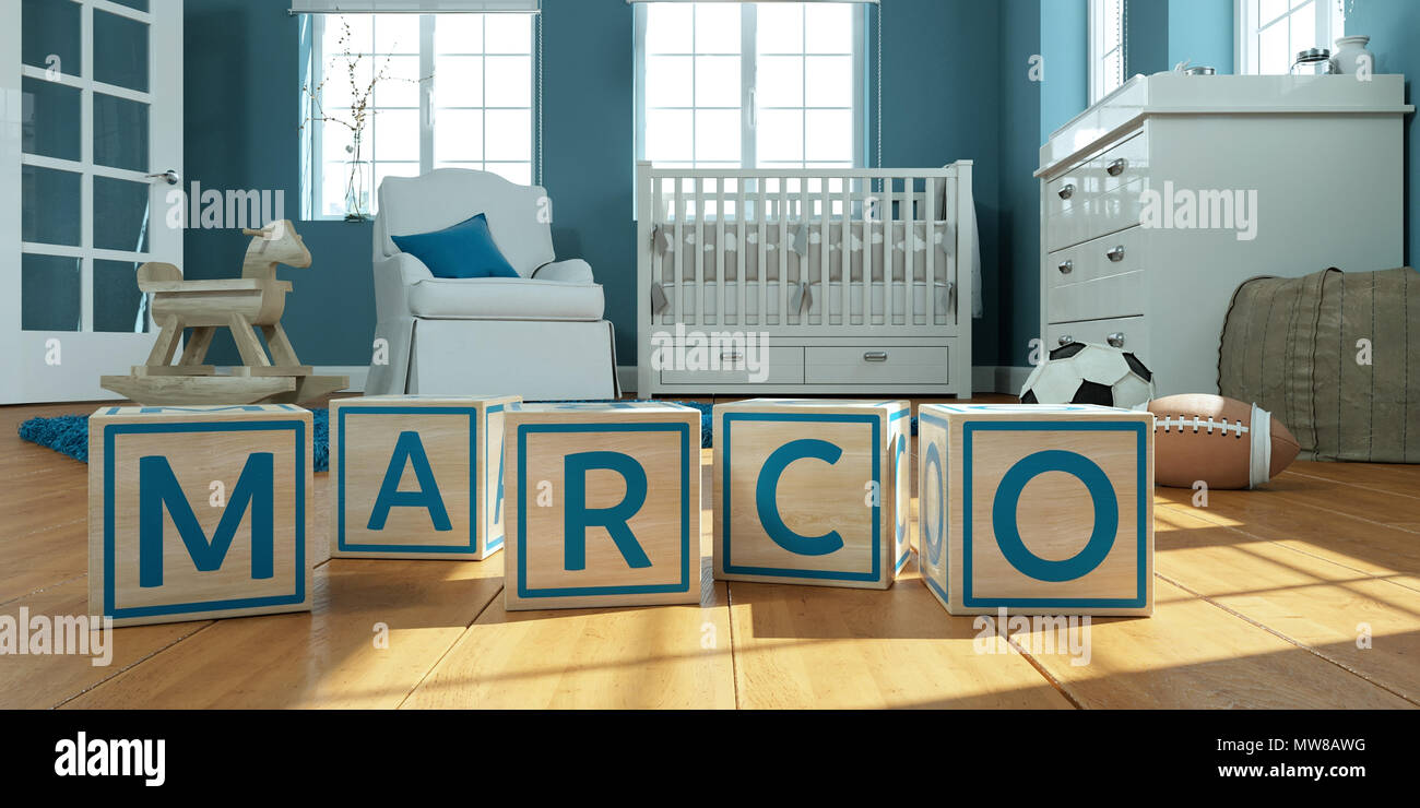 3D Illustration of the name marco written with wooden toy cubes in ...