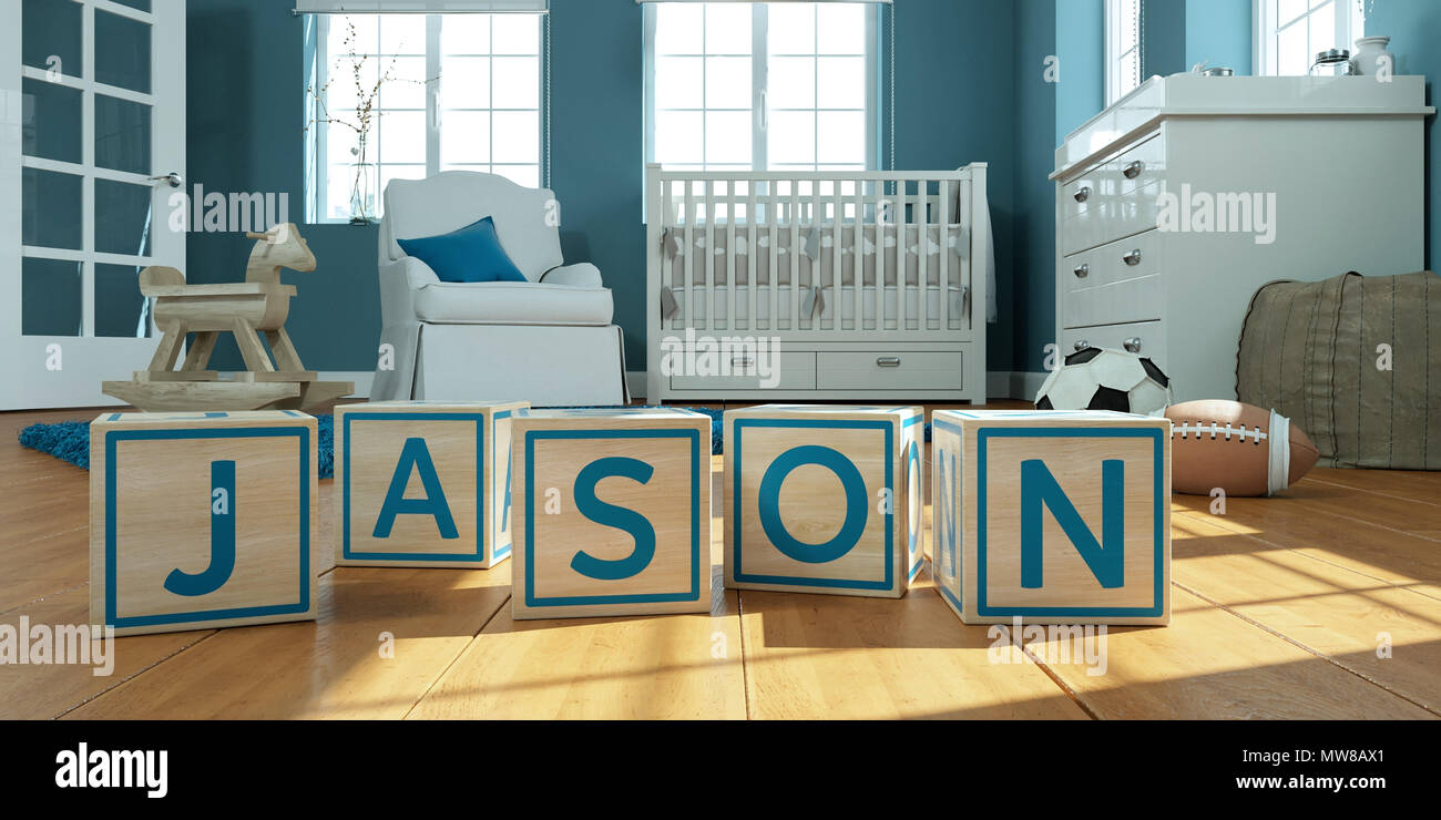 The name jason written with wooden toy cubes in children's room Stock ...