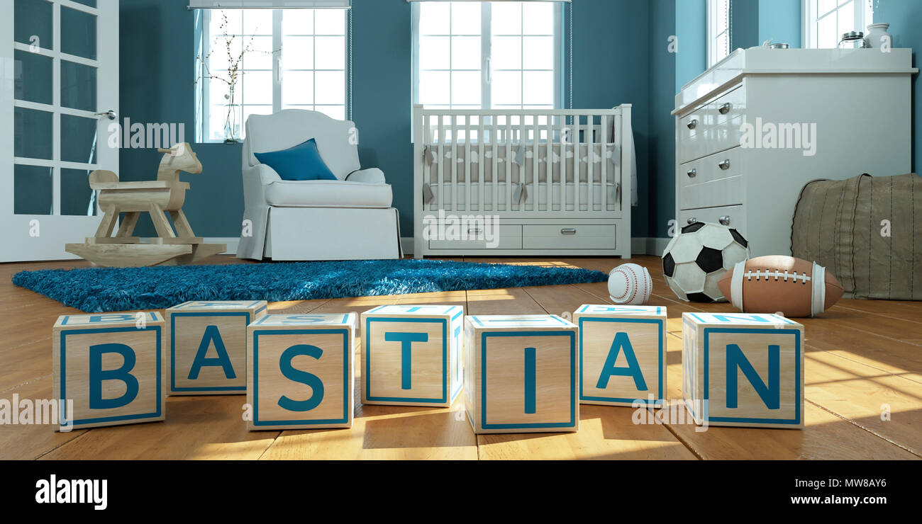 The name bastian written with wooden toy cubes in children's room Stock ...