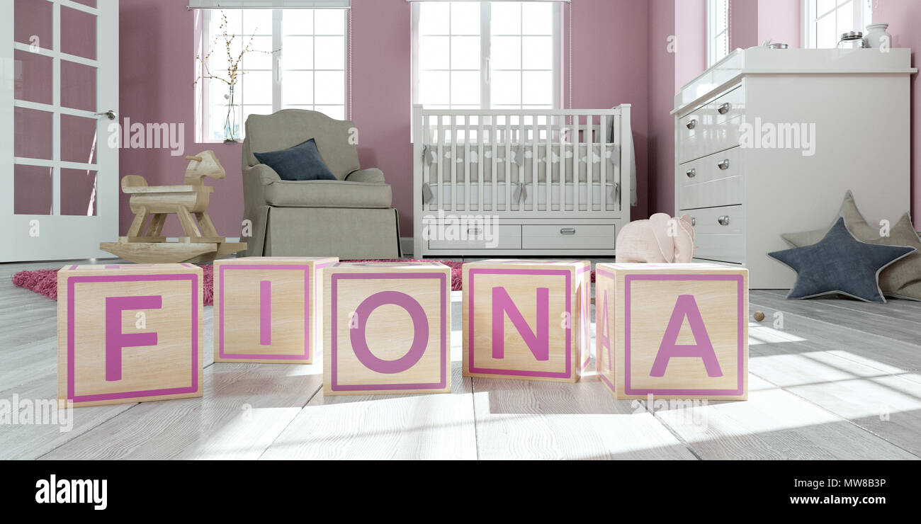 The name fiona written with wooden toy cubes in children's room Stock ...