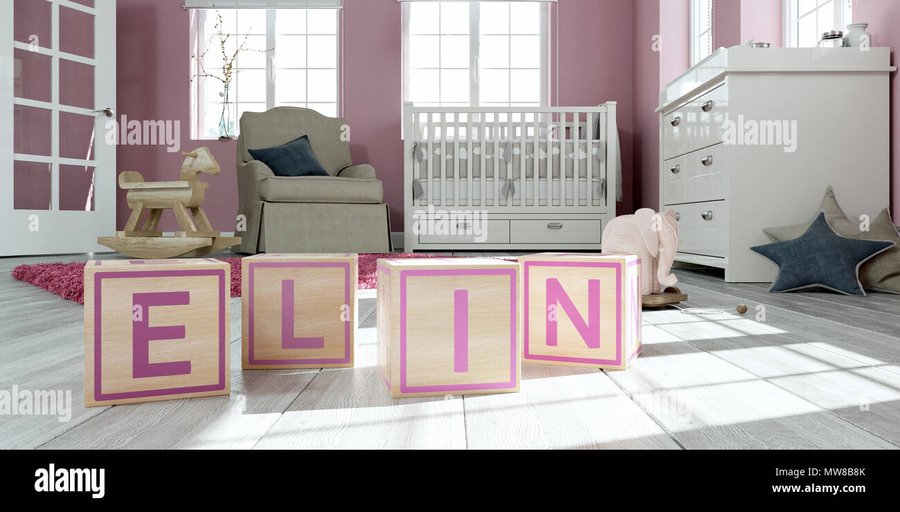 The name elin written with wooden toy cubes in children's room Stock ...