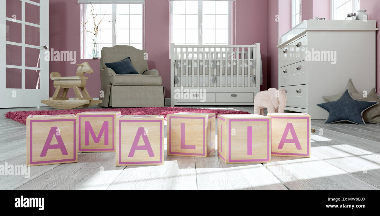 The name amalia written with wooden toy cubes in children's room Stock ...