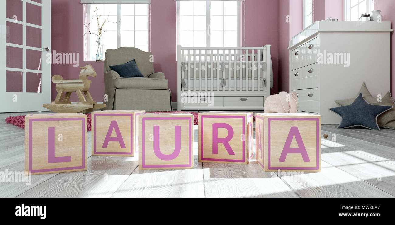 The name laura written with wooden toy cubes in children's room Stock ...