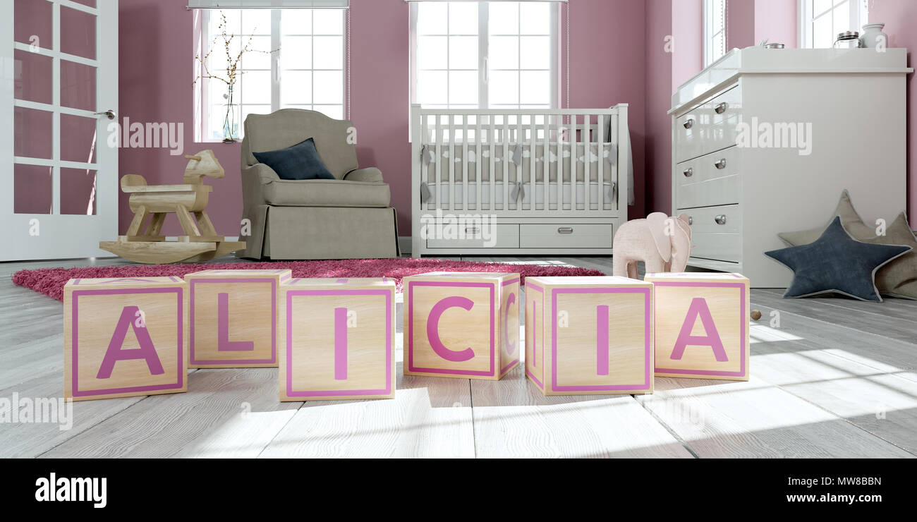 The name alicia written with wooden toy cubes in children's room Stock ...