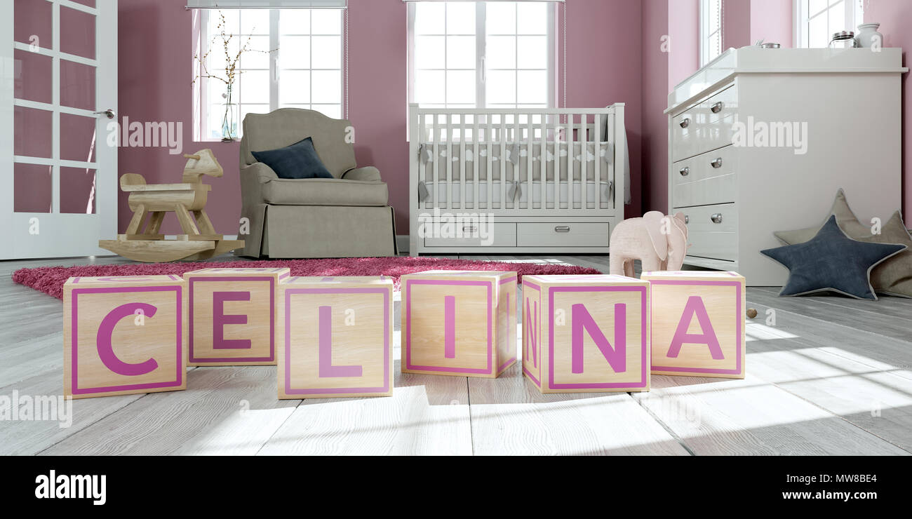 The name celina written with wooden toy cubes in children's room Stock ...