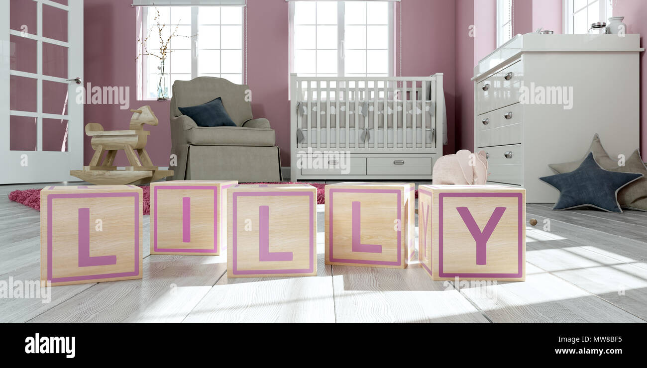 The name lilly written with wooden toy cubes in children's room Stock ...
