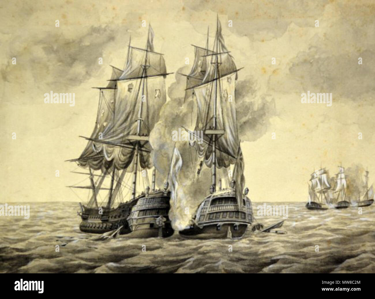 . English: A drawing depicting the action of 14 August 1761 off Cape ...