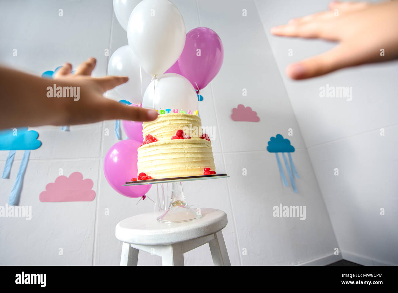 cropped shot of human hands reaching to delicious birthday cake Stock ...