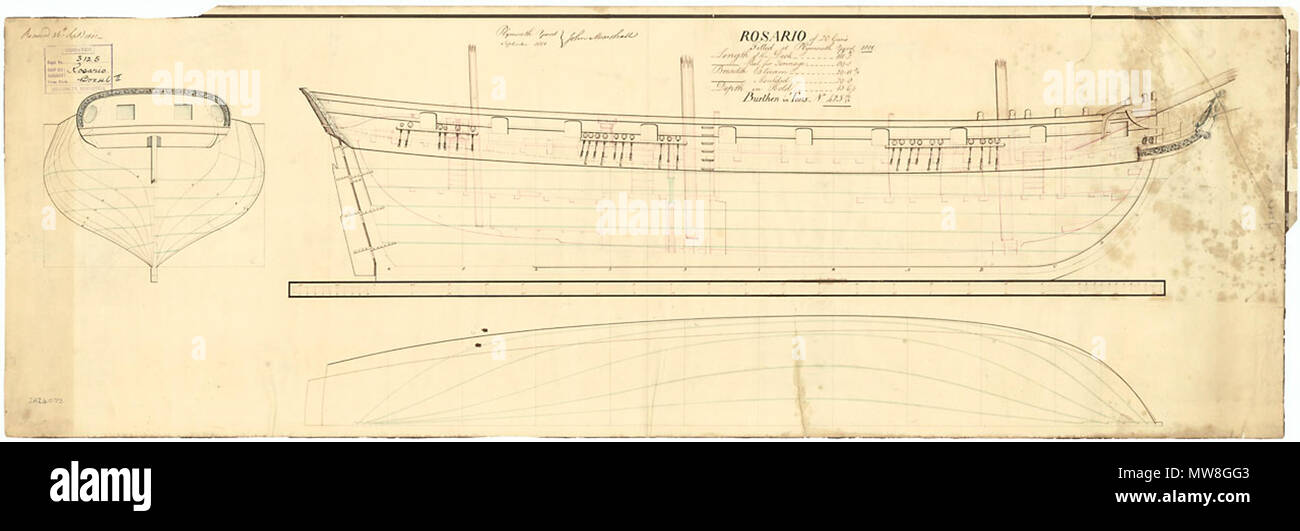 . English: Scale: 1:48. Plan showing the body plan with stern board ...