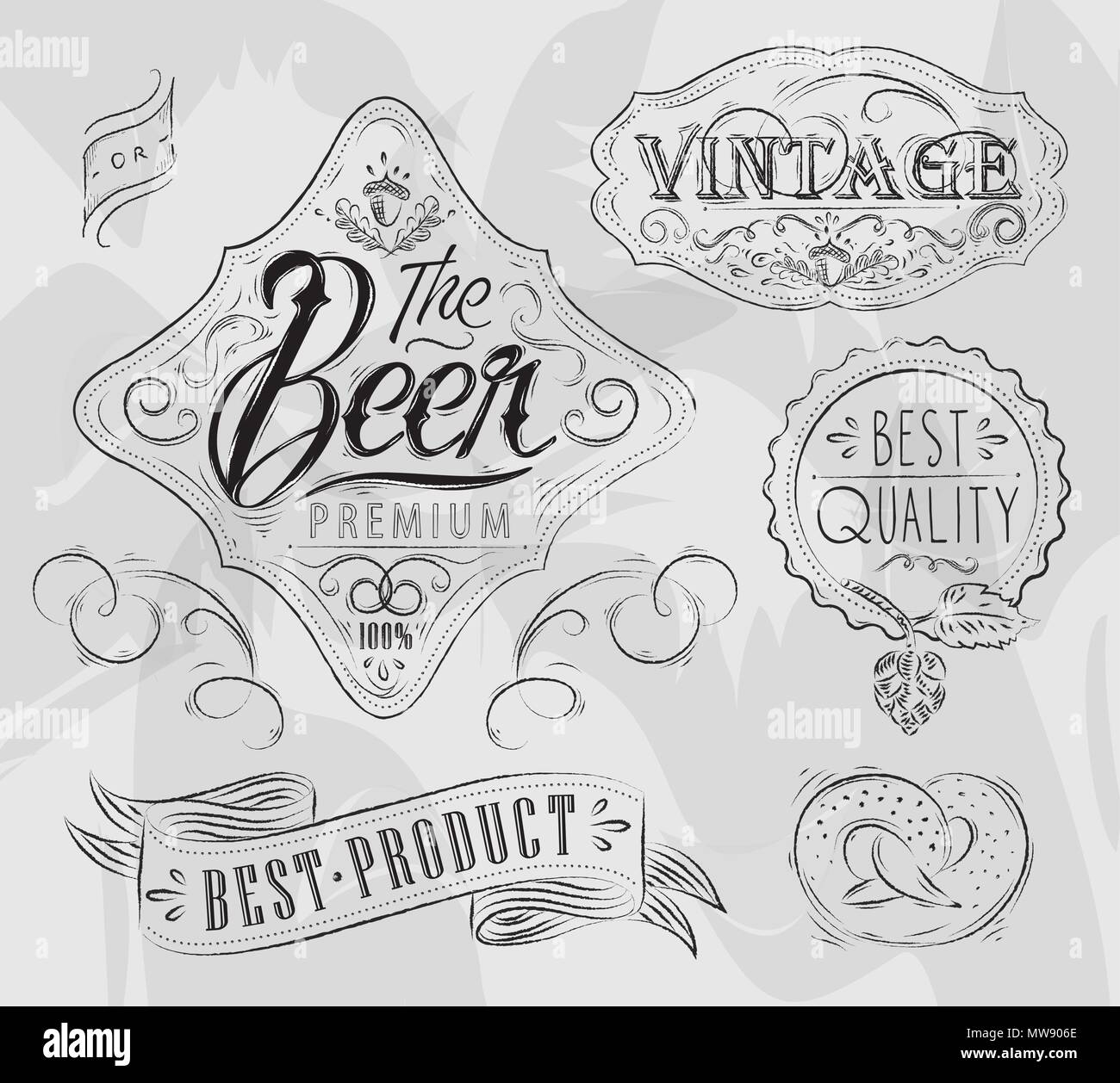 Vintage beer elements drawing with coal on grey background Stock Vector ...