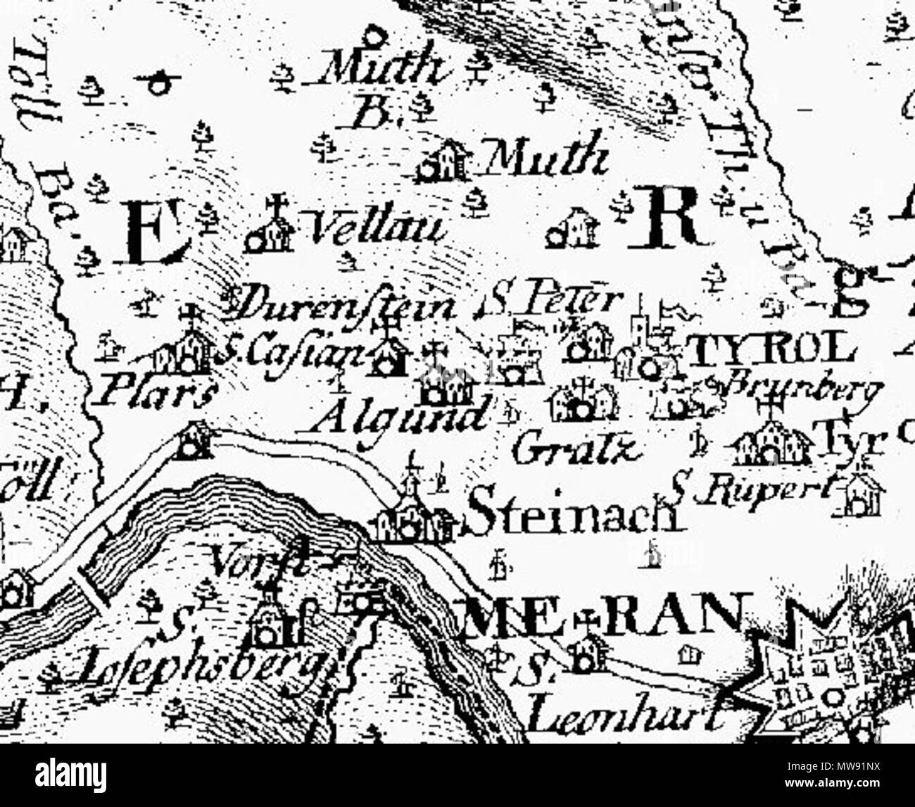 . Deutsch: Algund auf der Karte Atlas Tyrolensis von 1774 . 2 August ...