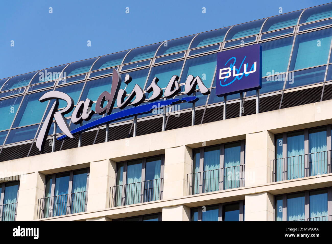 BERLIN, GERMANY - MAY 15 2018: Radisson Blu hotels and resorts logo on ...