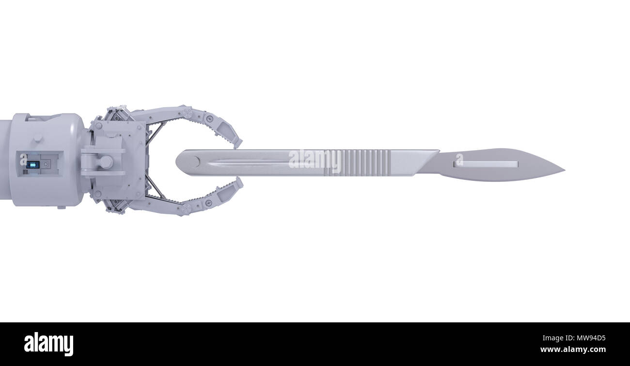 3d rendering robot hand holding scalpel or surgery knife isolated on ...
