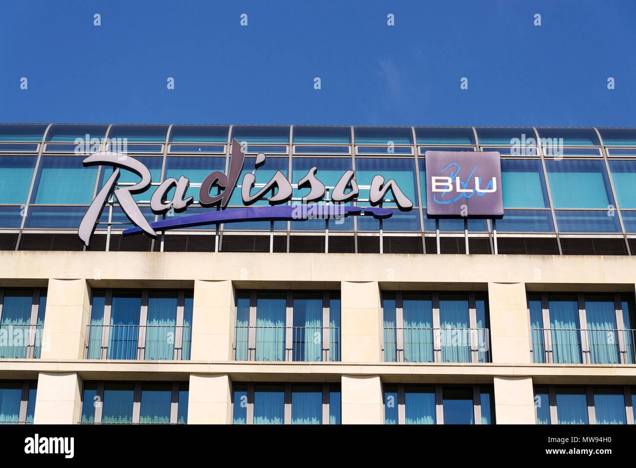 BERLIN, GERMANY - MAY 15 2018: Radisson Blu hotels and resorts logo on ...