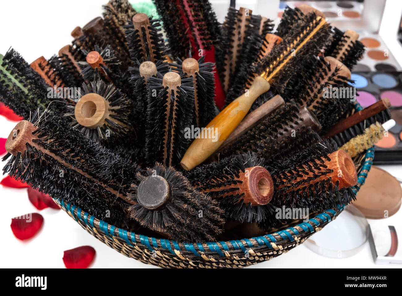 hair tools, beauty and hairdressing concept - different brushes or ...