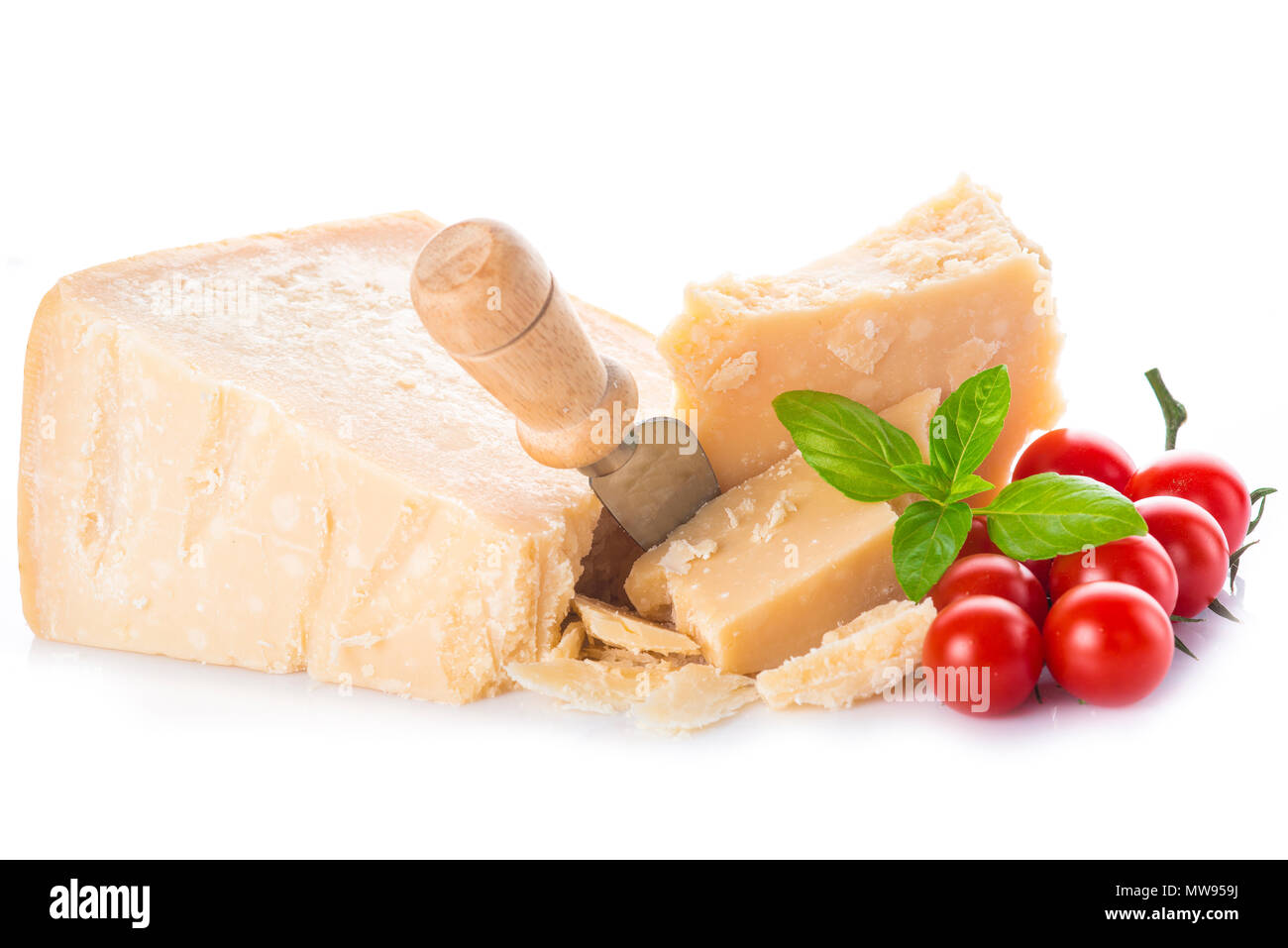 Parmesan cheese or parmigiano reggiano with cherry tomatoes and basil ...