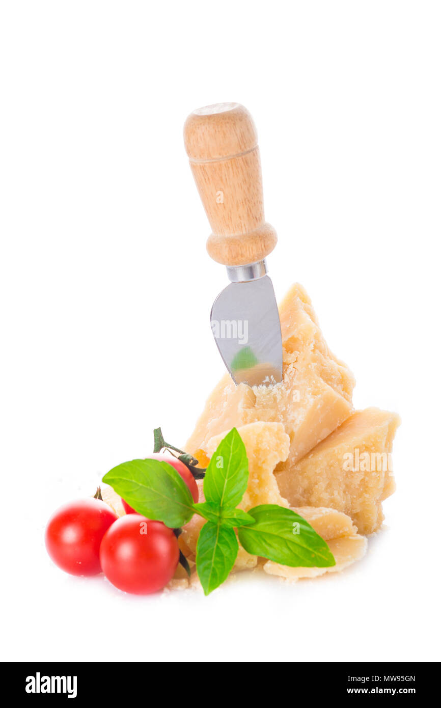 Parmesan cheese or parmigiano reggiano with cherry tomatoes and basil ...