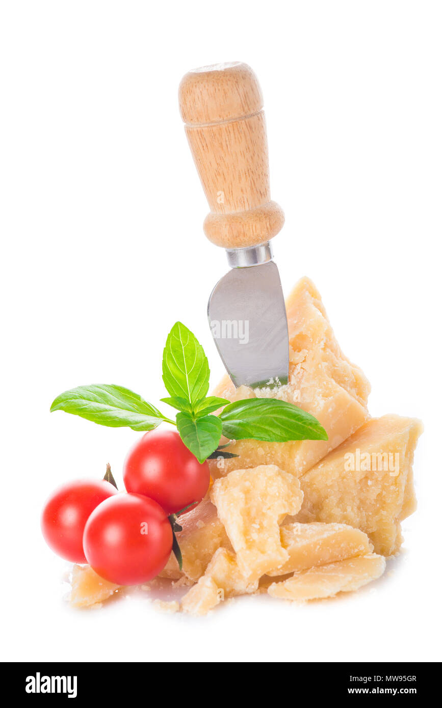 Parmesan cheese or parmigiano reggiano with cherry tomatoes and basil ...