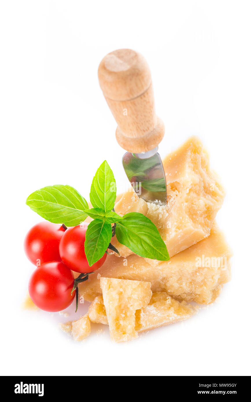 Parmesan cheese or parmigiano reggiano with cherry tomatoes and basil ...