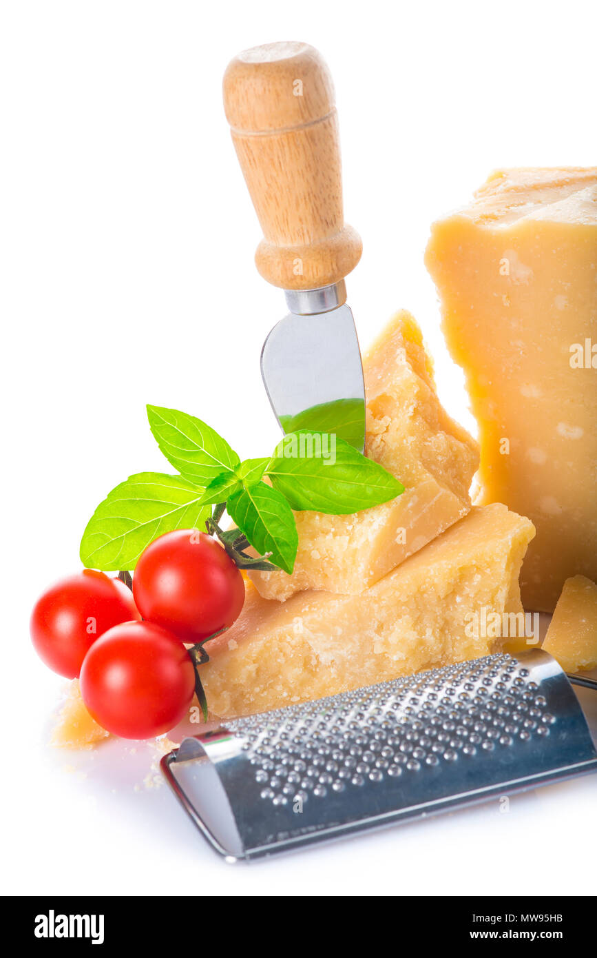 Parmesan cheese or parmigiano reggiano with cherry tomatoes and basil ...