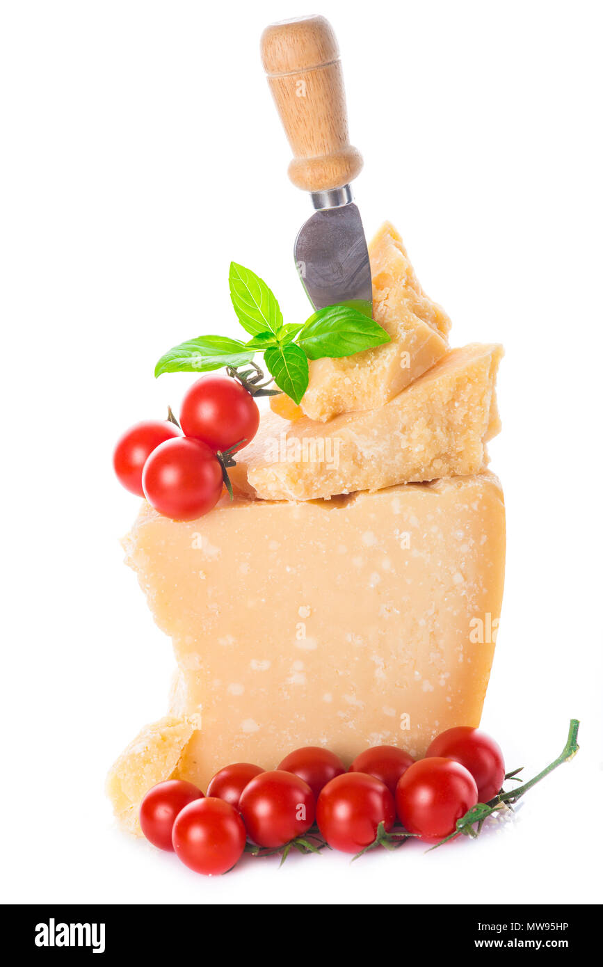 Parmesan cheese or parmigiano reggiano with cherry tomatoes and basil ...