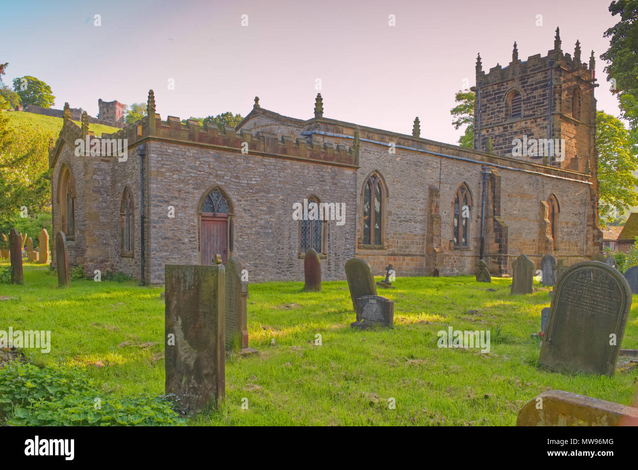 St Edmund's Church at Castleton overlooked by Peveril Castle at Sunset ...