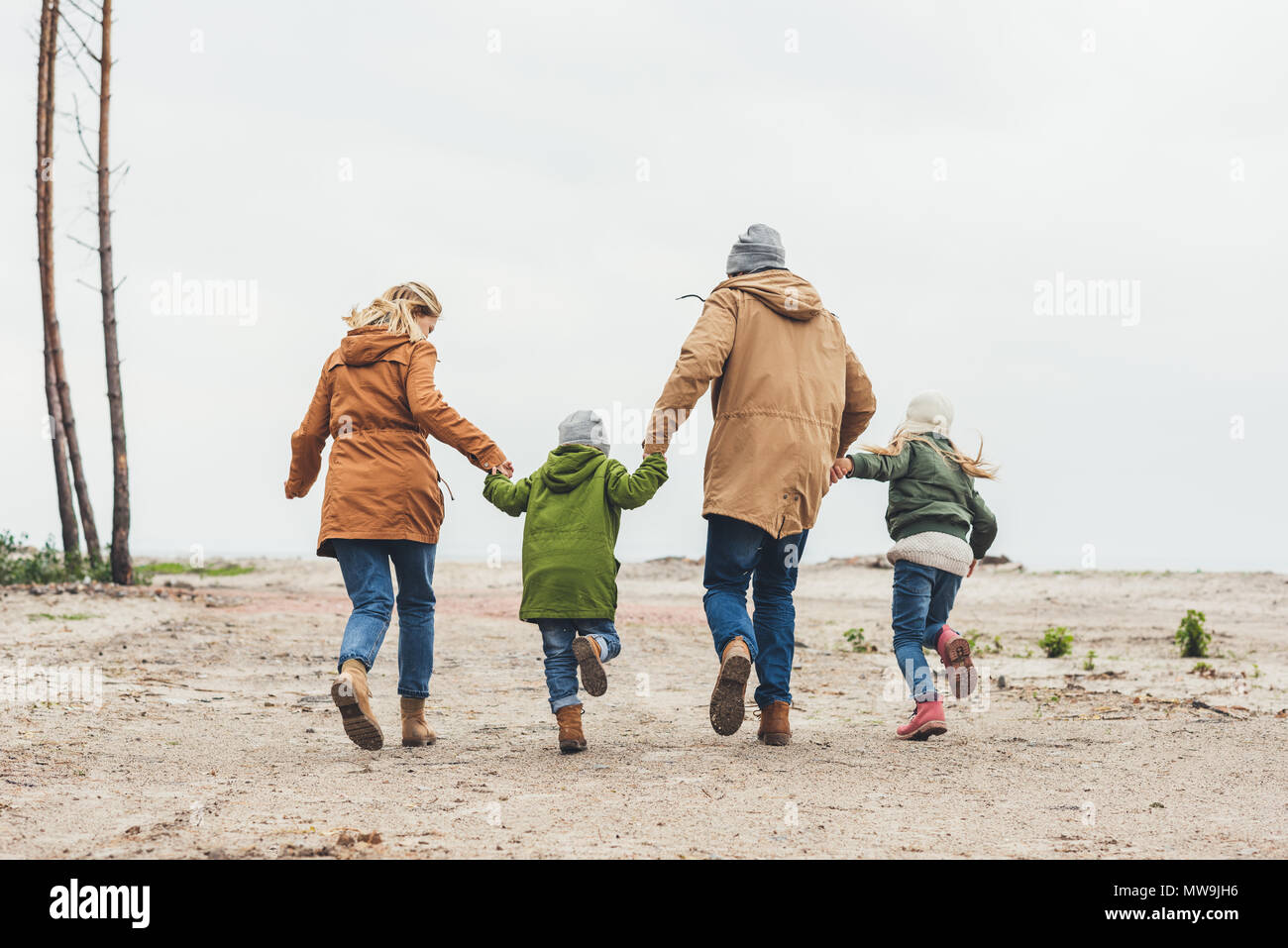 back view of family running together and holding hands on nature Stock ...