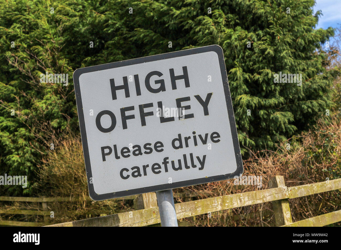 A road or street sign saying High Offley, a village near to Stafford ...