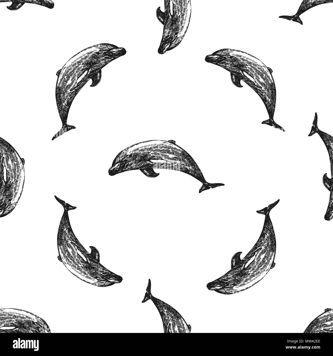 Seamless pattern of hand drawn sketch style dolphins isolated on white ...