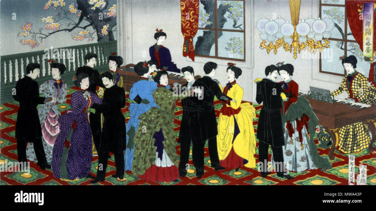 . Ukiyoe depicting ballroom dancing at the Rokumeikan, Tokyo, Japan ...