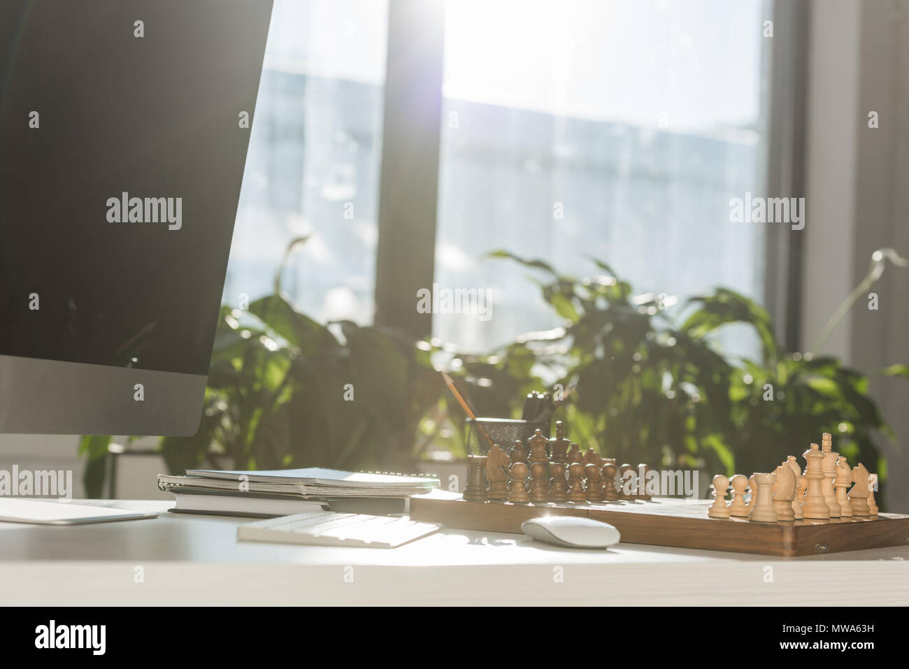 close-up shot of chess board at workplace in modern office Stock Photo ...