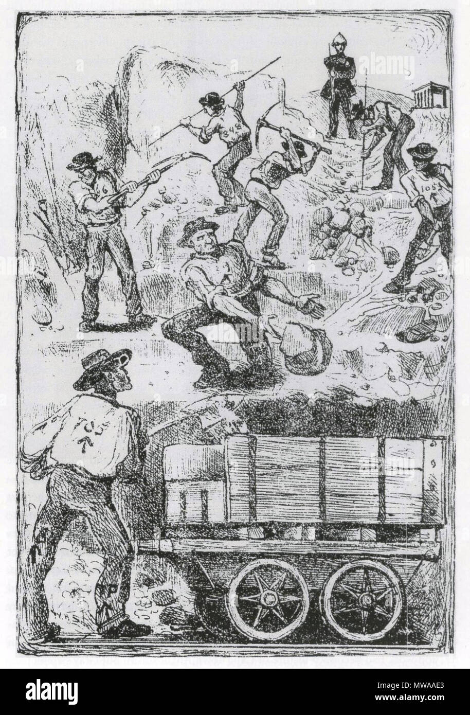 . English: Drawing of convict laborers building the breakwater of Cape ...