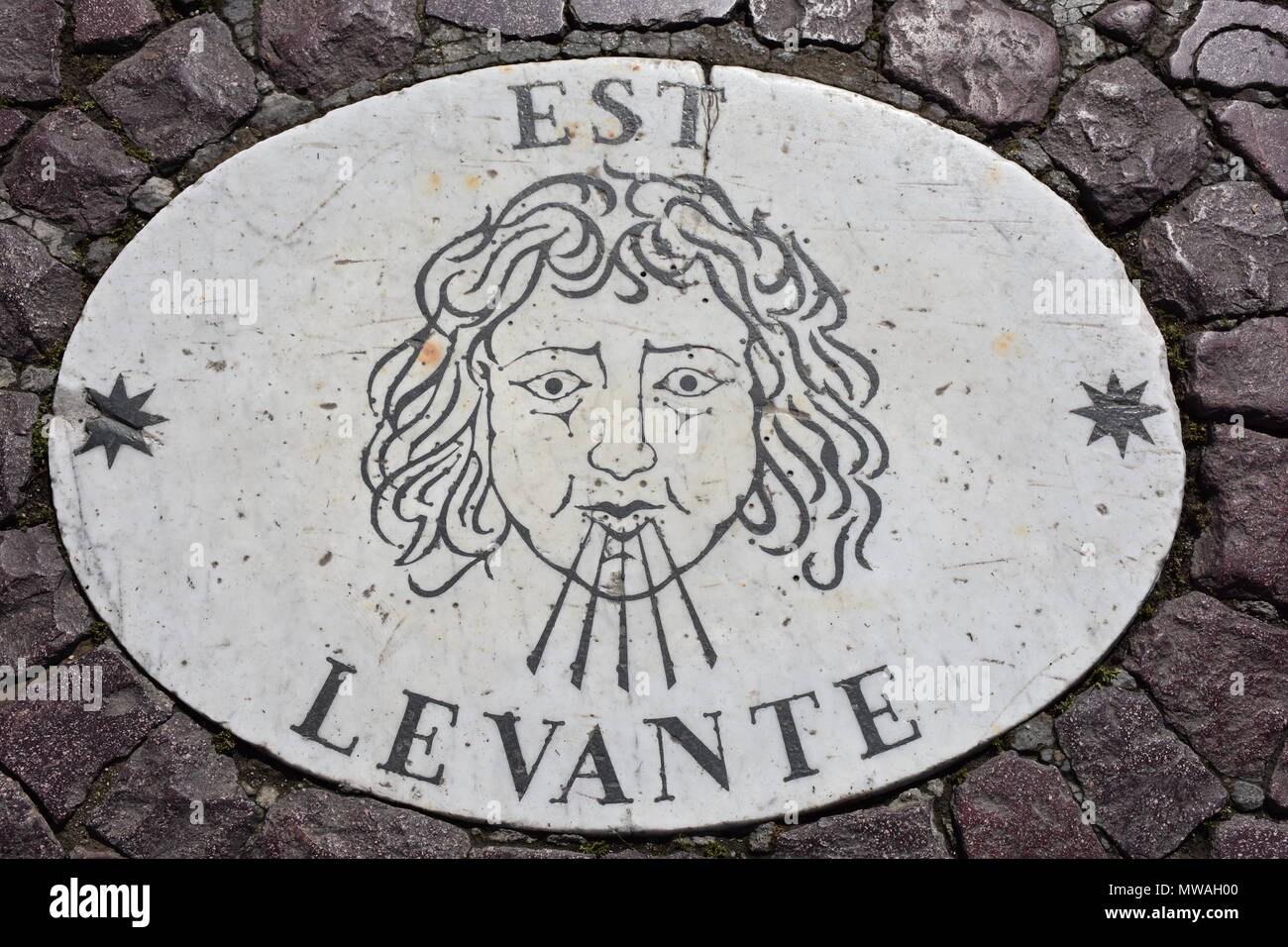 Rome. Granite plate with indication of the names of the winds, located ...