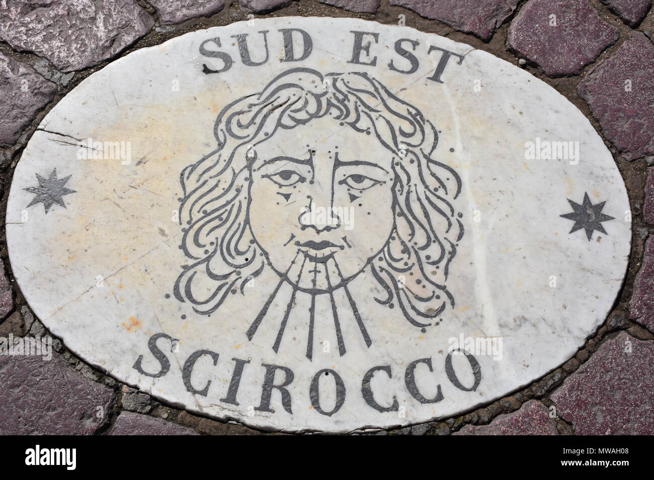 Rome. Granite plate with indication of the names of the winds, located ...