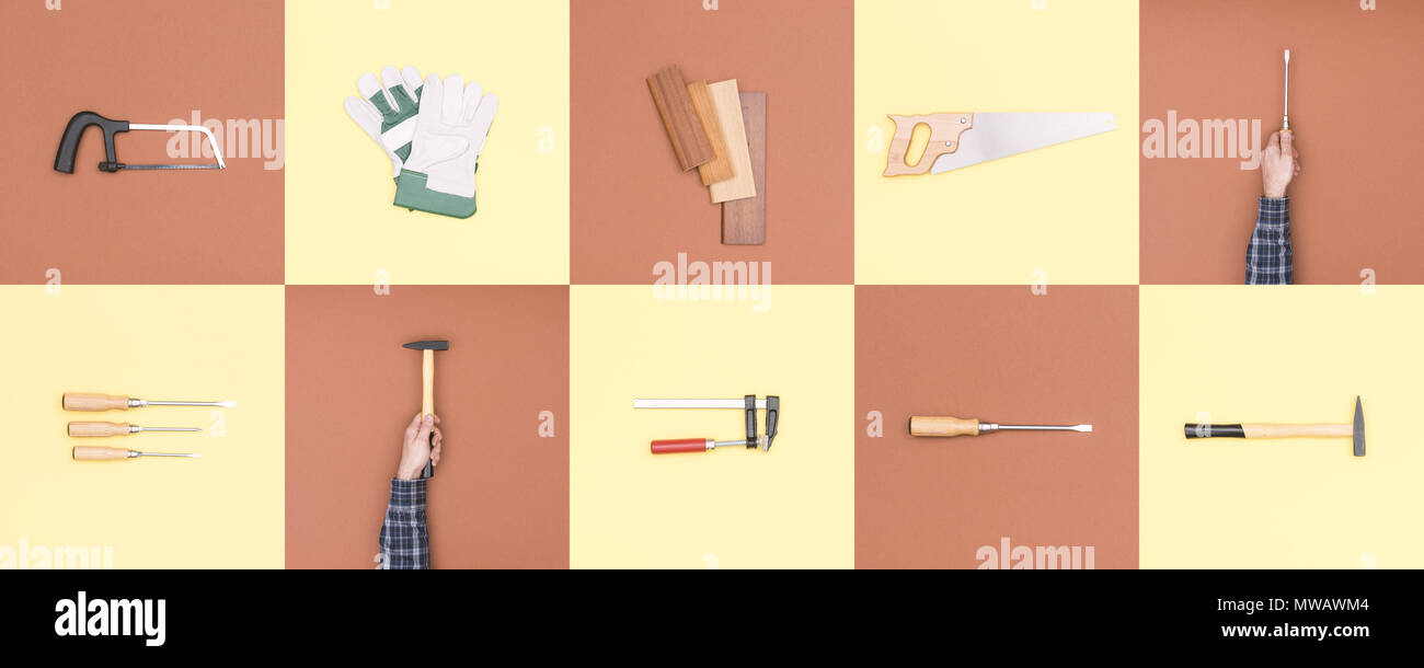 Carpentry tools and carpenter holding an hammer: woodwork, repair and ...