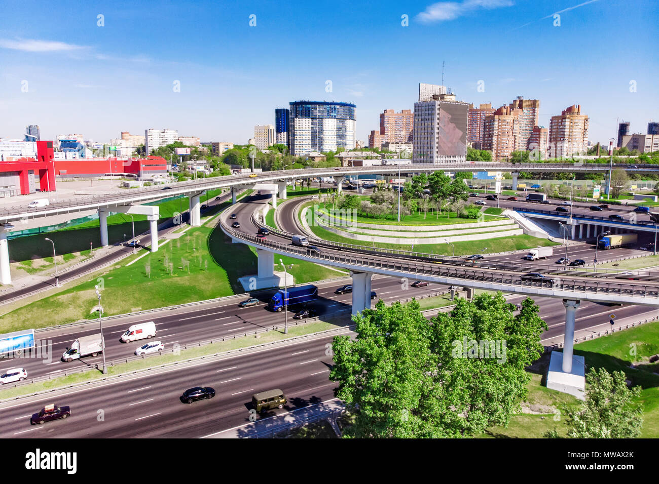 Aerial view of a freeway intersection. Road junctions in a big city ...
