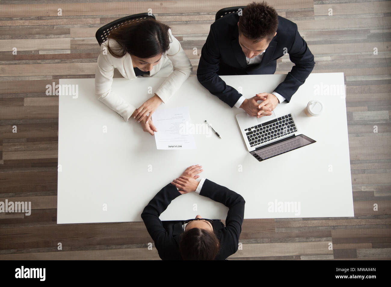 Hr managers interviewing female job applicant, top view from abo Stock ...
