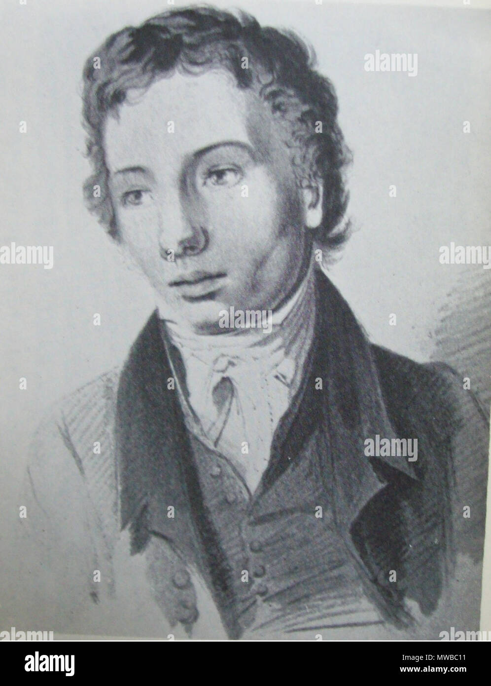 . English: Image of Tom Keats, brother of w:John Keats. Black and white ...