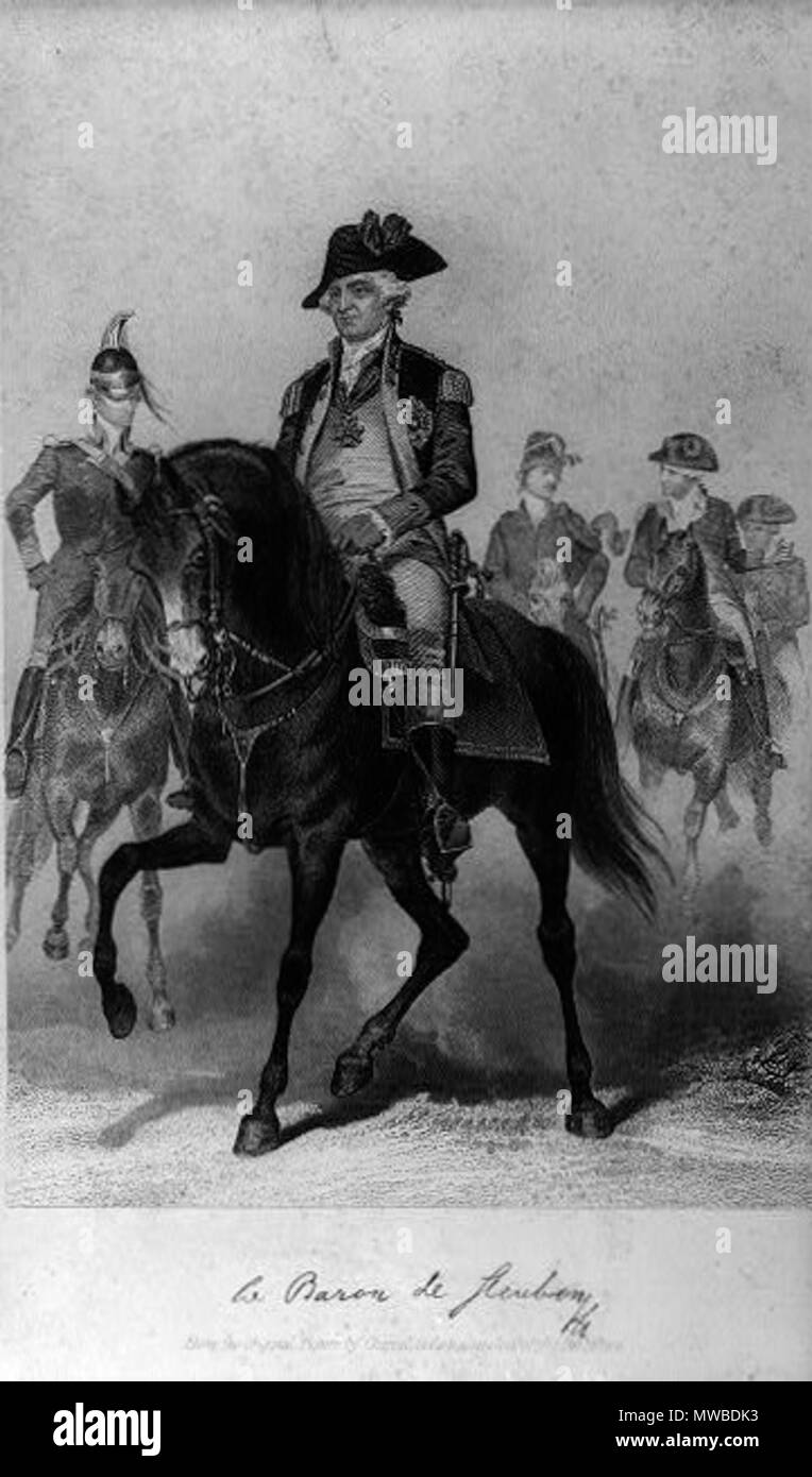 . English: Le Baron de Steuben. Steuben, on horseback, ahead of ...