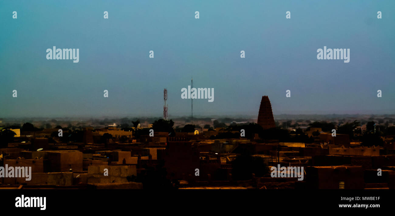 Aerial sunrise panoramic view to Agadez old city with Grand Moscue at ...